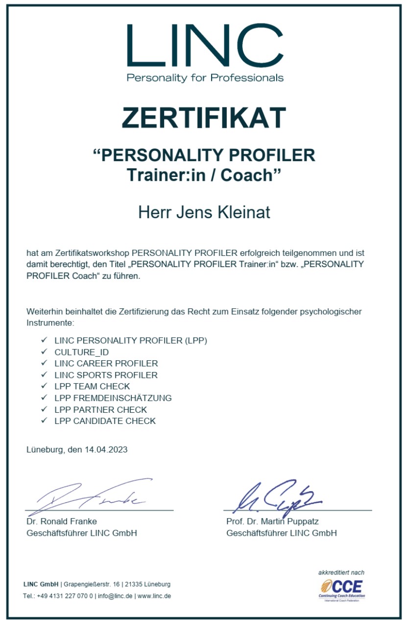 Über mich Jens Kleinat Coach - Zertifiziert nach DBVC & IOBC